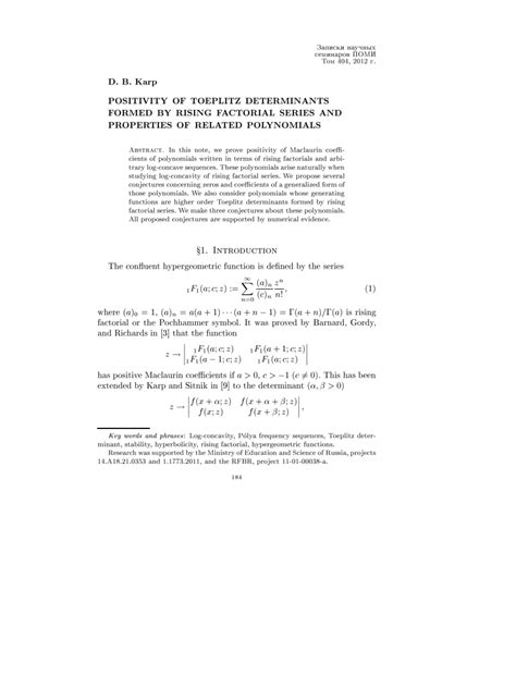 Pdf Positivity Of Toeplitz Determinants Formed By Rising Factorial Series And Properties Of
