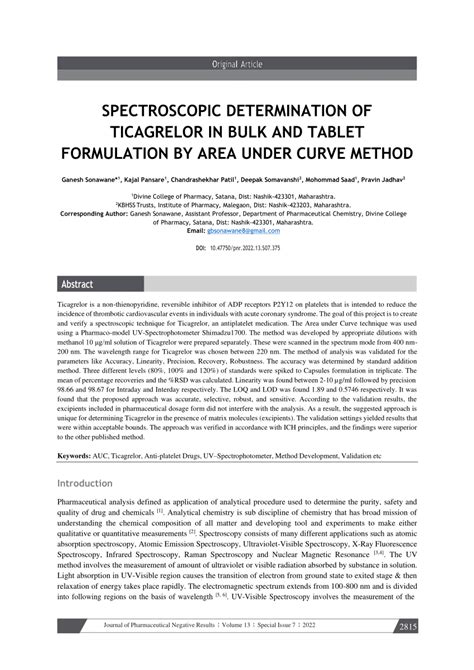 Pdf Spectroscopic Determination Of Ticagrelor In Bulk And Tablet Formulation By Area Under