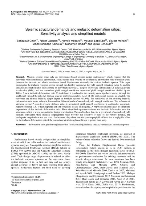 Pdf Seismic Structural Demands And Inelastic Deformation Ratios Sensitivity Analysis And
