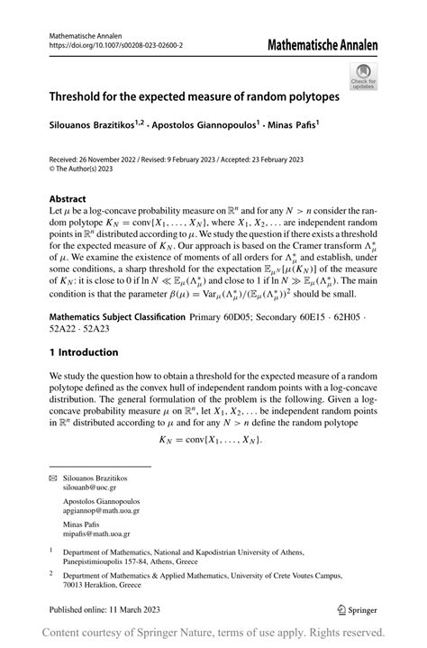 pdf threshold for the expected measure of random polytopes
