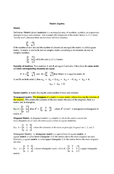 Ie Advanced Mathematics Matrix Algebra Matrix Definition Matrix