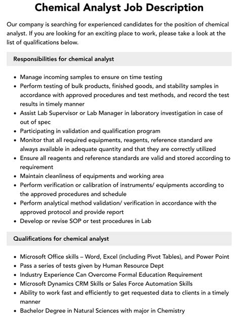 Chemical Analyst Job Description Velvet Jobs