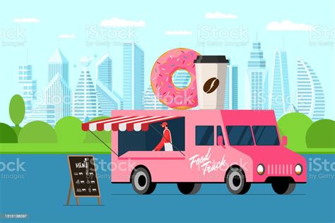 베이커 야외 도시 공원 패스트 푸드 핑크 트럭 밴 지붕에 도넛과 커피 종이 컵 뜨거운 음료 자동차 배달 서비스 또는 거리