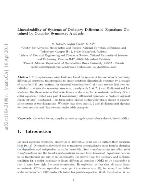 Pdf Linearizability Of Systems Of Ordinary Differential Equations Obtained By Complex Symmetry