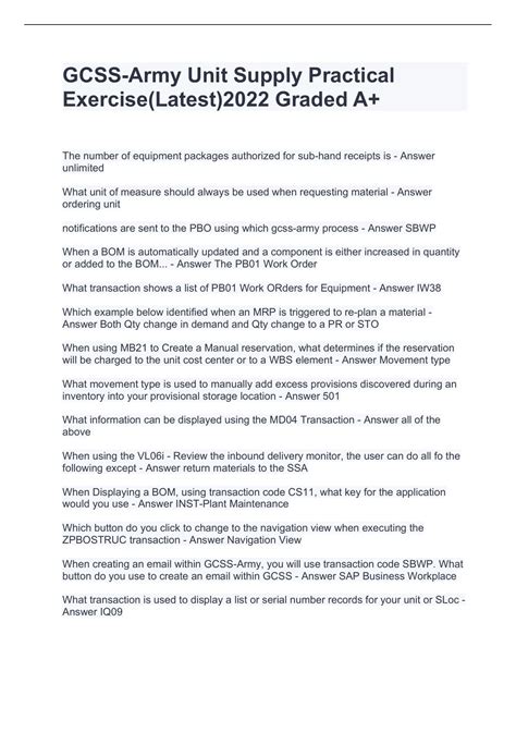 Gcss Army Unit Supply Practical Exercise Latest 2022 Graded A Gcss Army Stuvia Us