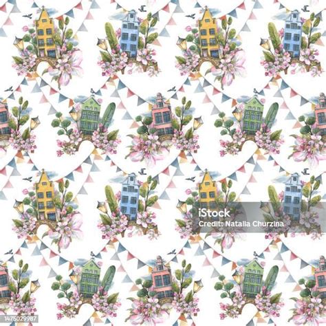 돌다리 나무 화환 깃발 및 꽃이있는 귀여운 작은 유럽 주택 수채화 그림입니다 흰색 배경에 매끄러운 패턴입니다 직물 섬유 벽지 포장용 갈란드 장식품에 대한 스톡 벡터 아트 및