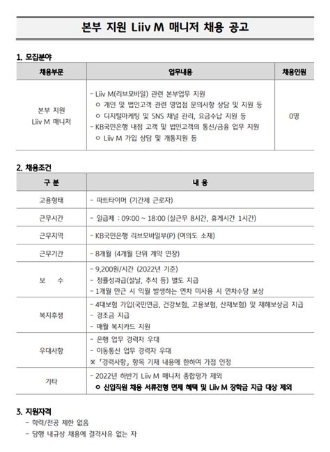 Kb국민은행 채용공고 본부 지원 Liiv M 매니저 채용 여의도 근무 2022년 채용