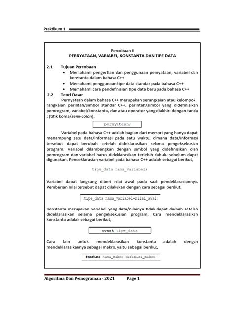 Praktikum 1 Percobaan 2 Pernyataan Variabel Konstanta Dan Tipe Data Pdf
