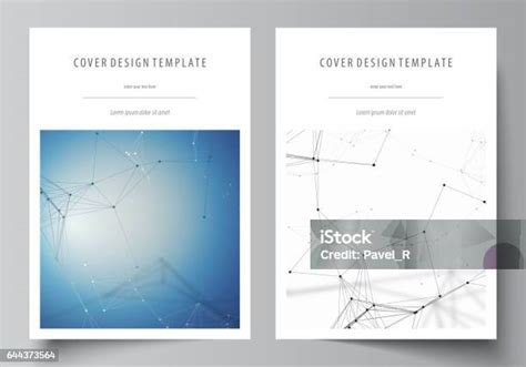 브로셔 전단지 소책자 보고서에 대 한 비즈니스 템플릿 표지 디자인 서식 파일 A4 크기의 벡터 레이아웃입니다 기하학적 푸른 색 배경 분자 구조 과학 개념입니다 연결 된 선과