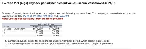 solved exercise 11 9 algo ﻿payback period net present