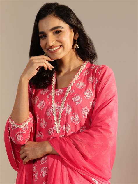 Buy Peach Printed Cotton Anarkali Suit Set With Dupatta Online At 34