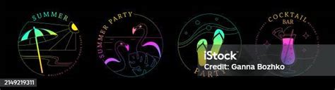 형광 라인 아트 여름 아이콘 세트 칵테일 플라밍고 해변 Ubmrella 및 플립 플롭 여름 포스터 세트입니다 벡터 일러스트 레이 션 0명에 대한 스톡 벡터 아트 및 기타