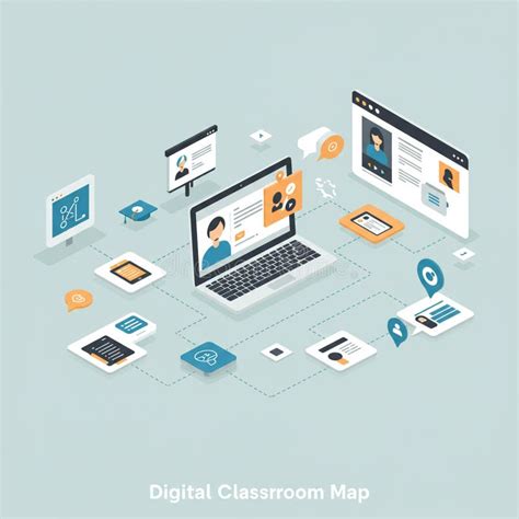An Isometric Illustration Depicts A Digital Classroom Setup A Central Laptop Displays A Stock