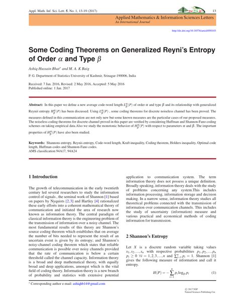 Pdf Some Coding Theorems On Generalized Reynis Entropy Of Order α And Type β