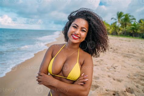 Beautiful Latin American Woman In Bikini On The Beach Young Woman