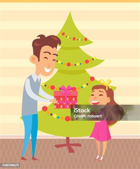 아버지가 딸에게 선물을 준다 부모와 자식은 크리스마스 트리를 배경으로 휴일을 축하한다 12월에 대한 스톡 벡터 아트 및 기타