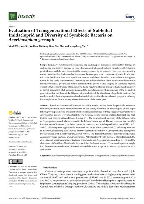 Pdf Evaluation Of Transgenerational Effects Of Sublethal Imidacloprid And Diversity Of