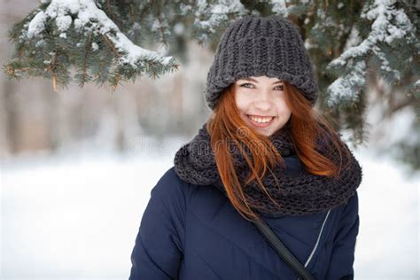 Closeup Beautiful Winter Portrait Of Young Adorable Smiling Redhead