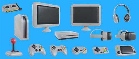 최소한의 재미있는 만화 스타일로 3d 현실적인 게임 장치를 설정합니다 게임 패드 콘솔 Vr 헤드셋 모니터 비디오 카드 헤드폰 현대 기술 디자인 요소 컬렉션 벡터 그림 또는