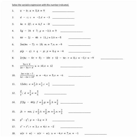 50 Evaluating Algebraic Expressions Worksheet