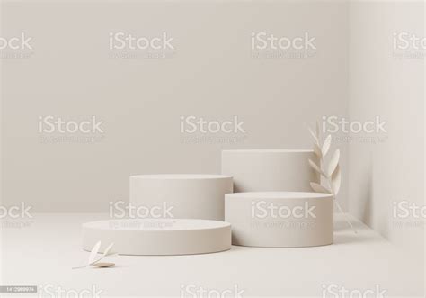 흰색 배경에 잎이있는 화장품 둥근 연단 또는 받침대 추상 제품 디스플레이 연단 기하학적 모양의 3d 렌더링 스튜디오 플랫폼이있는 화장품 최소 장면 0명에 대한 스톡 사진 및