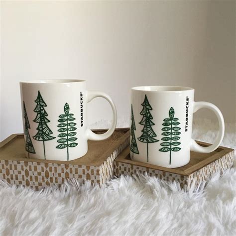Starbucks Green And White Coffee Cocoa Mug Cup Set 2 Pine Trees 2015