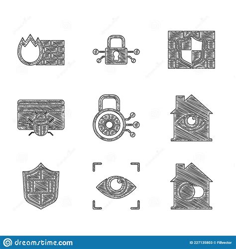 Set Cyber Security Eye Scan Smart Home House With Eye Shield Brick Wall System Bug In
