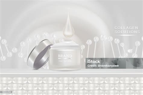 뷰티 제품 광고 디자인 콜라겐 용액 광고 배경이있는 흰색 화장품 용기 고급 스킨 케어 배너 일러스트 벡터 개념에 대한 스톡 벡터 아트 및 기타 이미지 Istock
