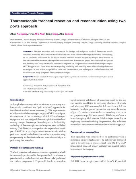 Pdf Two Portal Video Assisted Thoracoscopic Tracheal Resection And Reconstruction