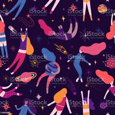 공간 요소와 예쁜 여성과 귀여운 원활한 패턴 잠자는 파리 소녀 혜성 행성 우주 별과 만화 스타일의 벽지 손으로 그린 은하와 아이들의 배경 벡터 별자리에 대한 스톡 벡터 아트