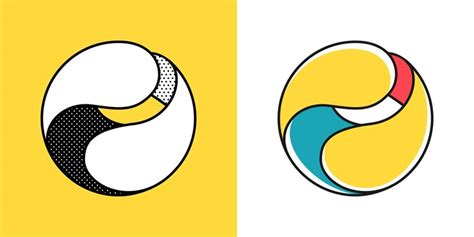 원 엠블럼의 구형 로고 음과 양 착시 기호 흑백 물방울 무늬 및 색상 옵션으로 설정된 복고풍 3d 아이콘 하프톤 레이블 빈티지 포스터에 대한 벡터 불가능한 모양 프리미엄 벡터