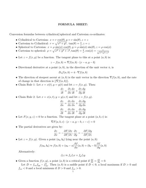 Formula Sheet Conversion Formulas Between Cylindricalspherical And