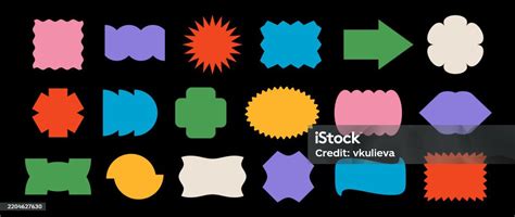 추상 스티커 모양 세트 다채로운 복고풍 팝 아트 테두리 요소 컬렉션 배지 태그 라벨 배너 포스터 간판 전단지 로고를 위한 밝은 기하학적 프레임 팩 Vector 스위스 디자인