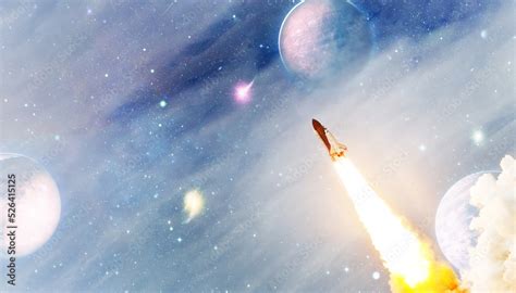 Spaceship Takes Off In The Starry Sky Rocket Space Ship Rocket Starts Into Space Concept