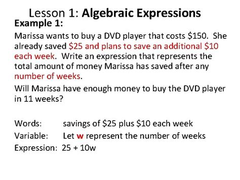Unit 3 A Expressions Lesson 1 Algebraic Expressions