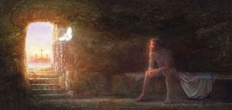 Risen By Yongsung Kim Jesus Christ Sitting On Stone Bench In Rock Tomb