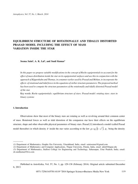 Pdf Equilibrium Structure Of Rotationally And Tidally Distorted Prasad Model Including The