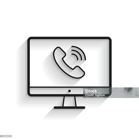 전화가 걸려오는 데스크톱 컴퓨터입니다 흰색 배경에 긴 그림자가 있는 선 아이콘 3차원 형태에 대한 스톡 벡터 아트 및 기타 이미지 3차원 형태 개념 검은색 Istock