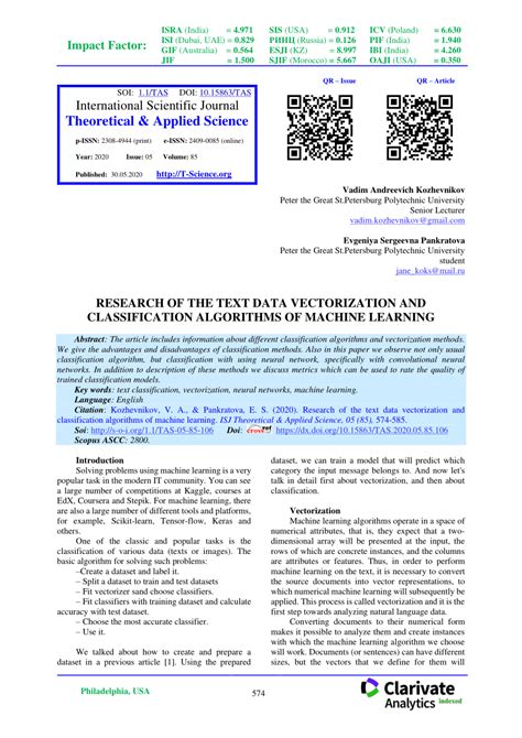 PDF Research Of The Text Data Vectorization And Classification Algorithms Of Machine Learning