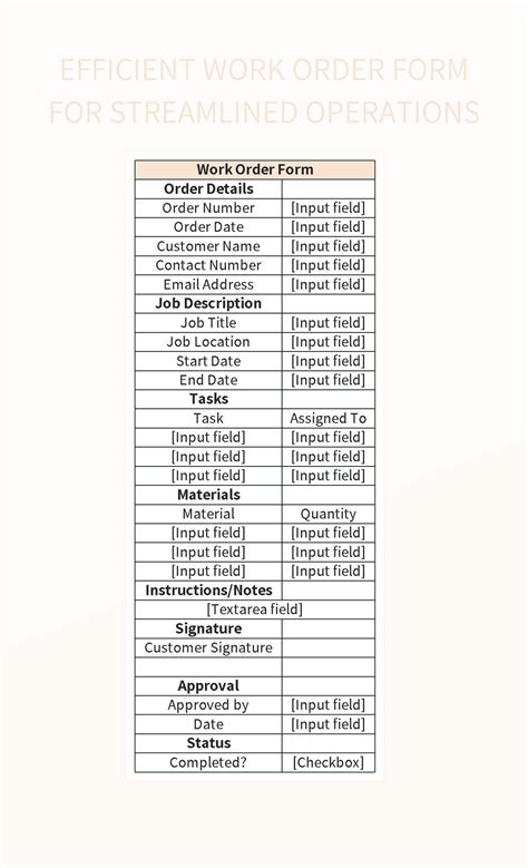 Efficient Work Order Form For Streamlined Operations Excel Template And Google Sheets File For