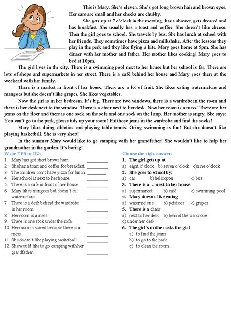 reading comprehension tests 83653 this is mary she s eleven she s