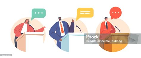 토론 중에 책상 뒤에서 말하는 정치 후보자 고립된 라운드 아이콘 또는 아바타 벡터 일러스트 레이 션 마이크에 대한 스톡 벡터