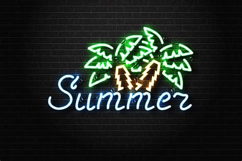 현실적인 벡터 고립 장식와 벽 배경에 대 한 손바닥 여름 로고의 네온 사인 개념의 비치 서핑 하 고 행복 한 여름 네온에 대한 스톡 벡터 아트 및 기타 이미지 Istock