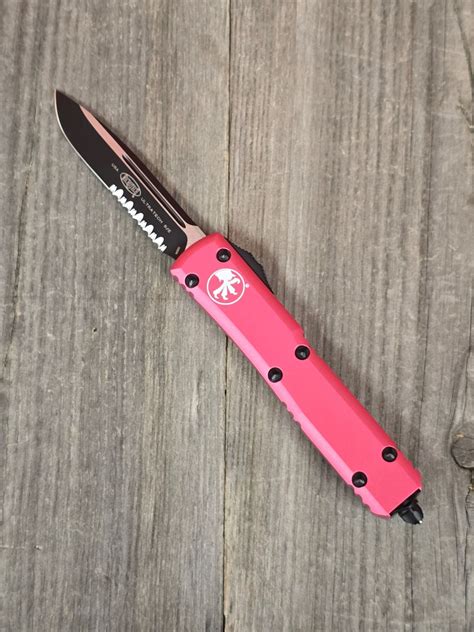 Microtech Ultratech S E Otf Pink Aluminum Two Tone Partially Serrated M