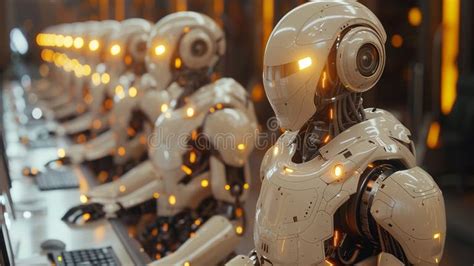 Automated Efficiency Robotic Workforce Managing Computers Futuristic Industry Stock