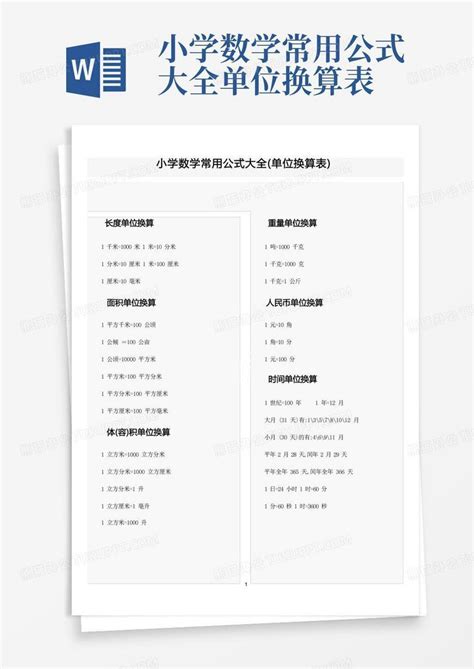 小学数学常用公式大全单位换算表word模板下载 编号lomkodvx 熊猫办公