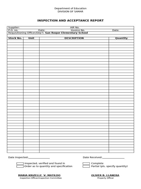 Inspection And Acceptance Report Pdf