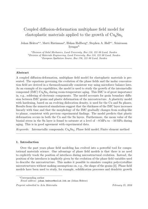 Pdf Coupled Diffusion Deformation Multiphase Field Model For Elastoplastic Materials Applied