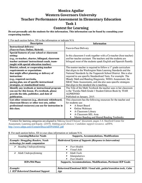Tpa Task 1 Context For Learning Monica Aguilar Western Governors University Teacher