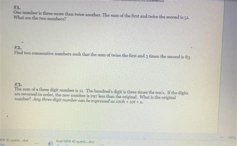 solved 1 one number is three more than twice another the
